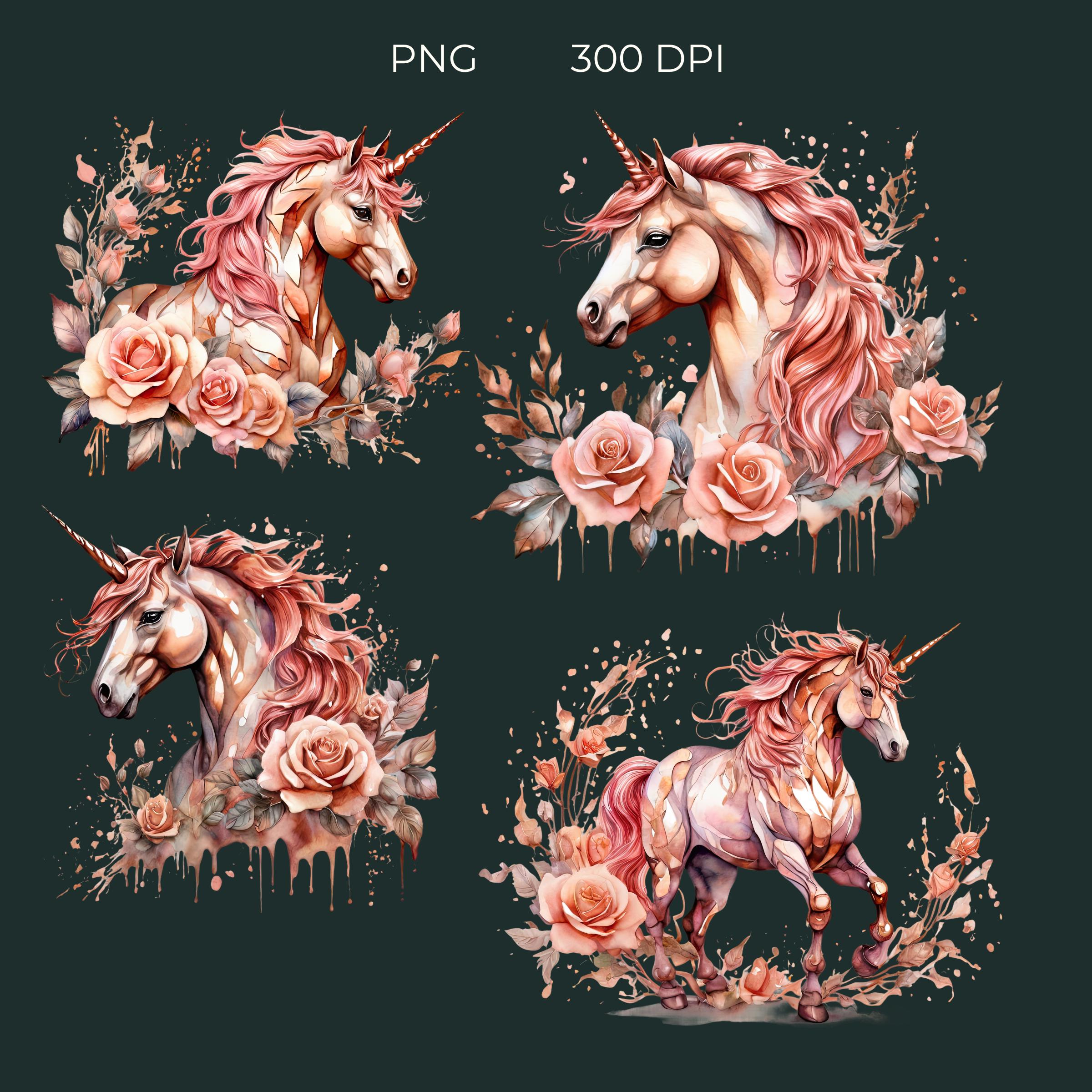 Rose Gold Unicorn Clipart Set, Instant Download PNG Graphics, Fantasy ...