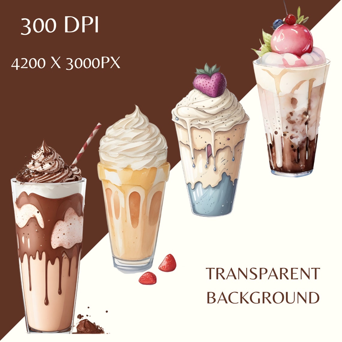 Watercolor Milkshake Clipart Set, Summer Dessert PNG, Instant Download ...