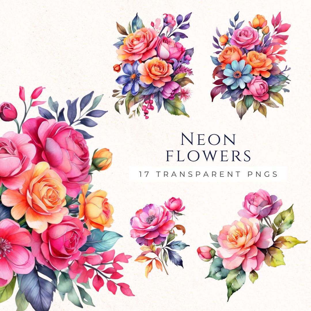 Neon Flowers Clipart, Floral Clip Art Graphics, Instant Download ...