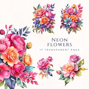 Neon Flowers Clipart, Floral Clip Art Graphics, Instant Download ...