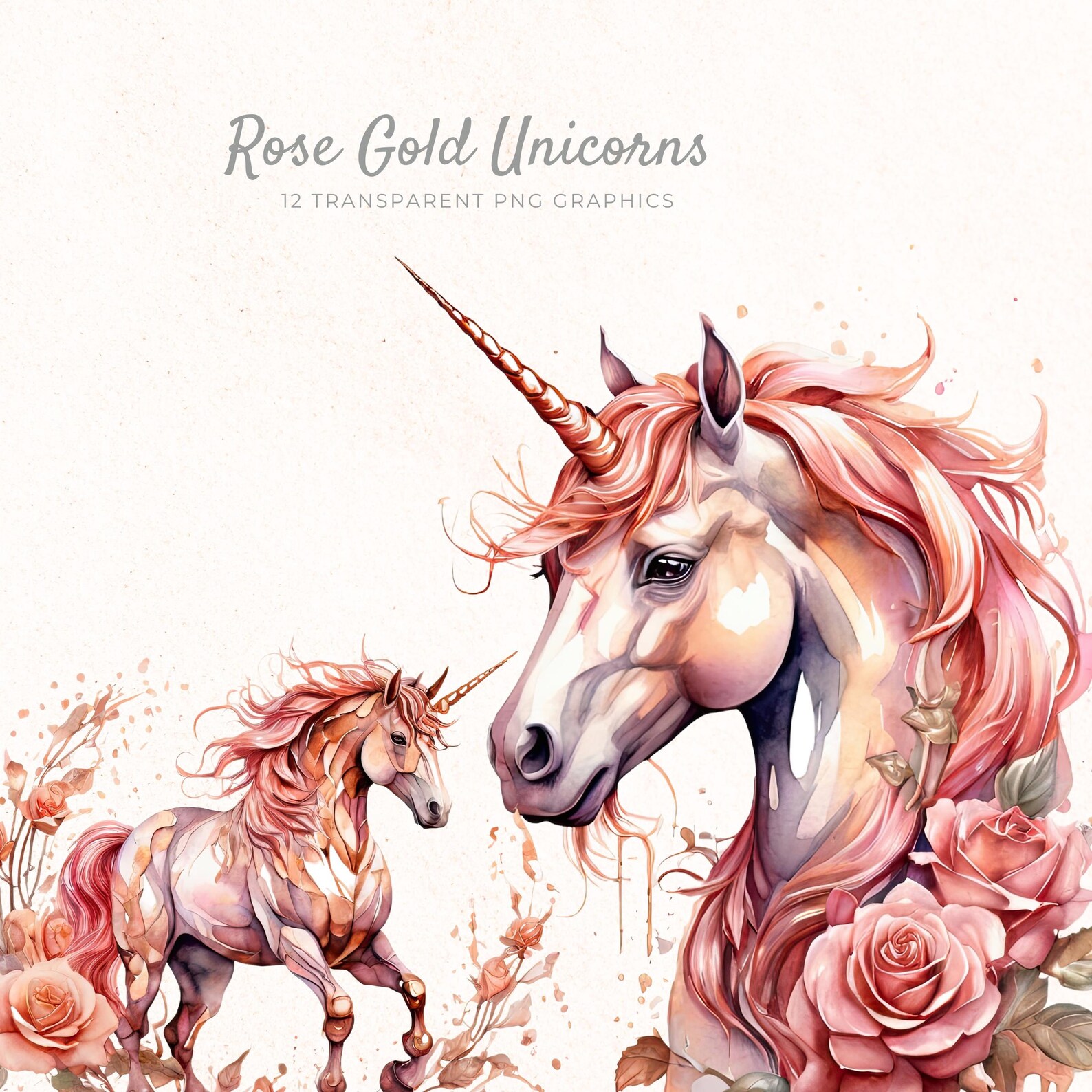 Rose Gold Unicorn Clipart Set, Instant Download PNG Graphics, Fantasy ...