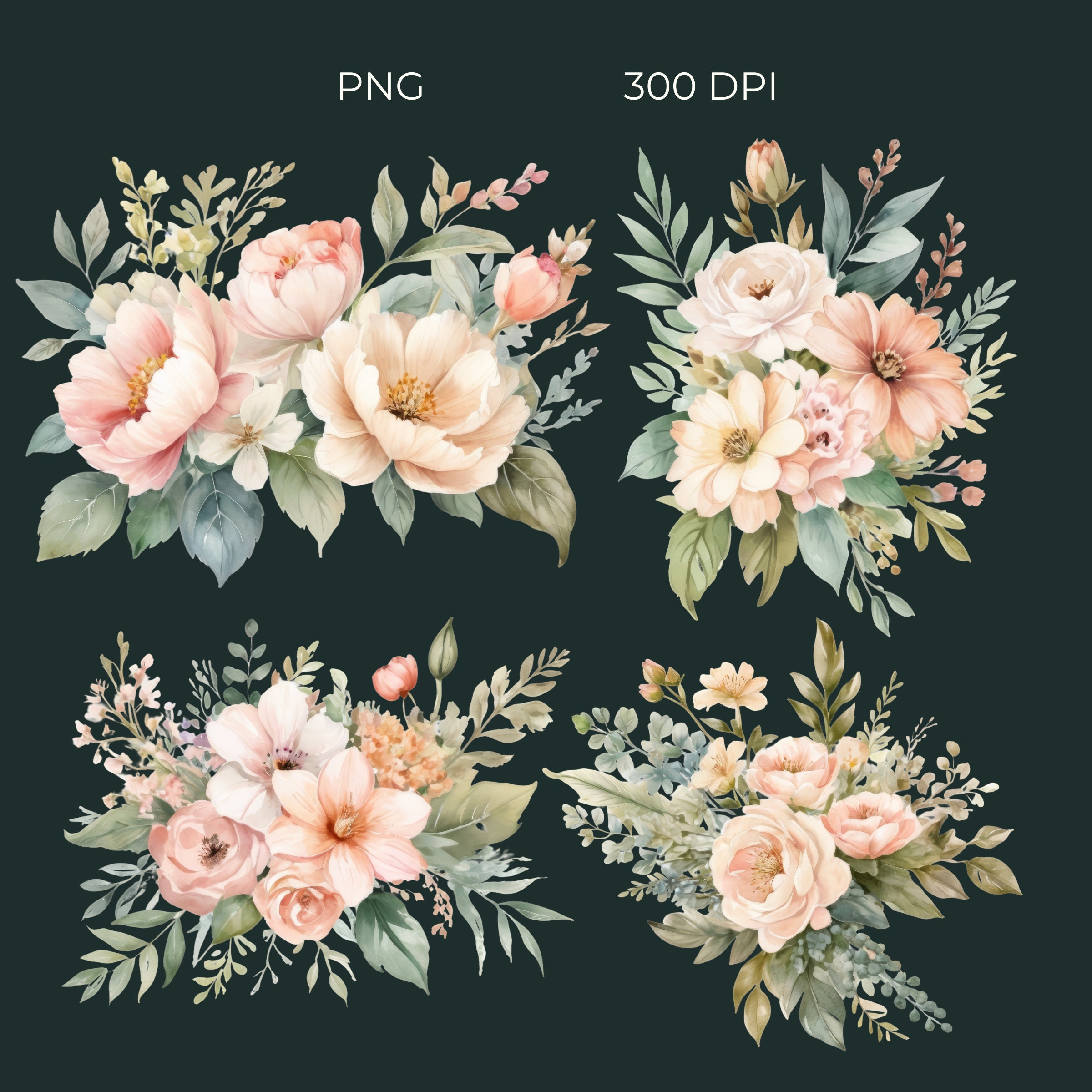 Shabby Chic Flower Clip Art Set, Watercolor Floral Images, PNG Graphics ...