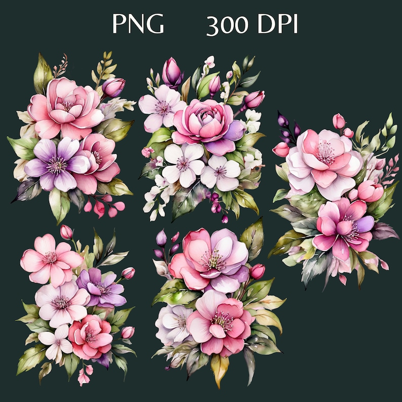Watercolor Flowers Clip Art PNG, Purple Floral Clipart, Instant ...