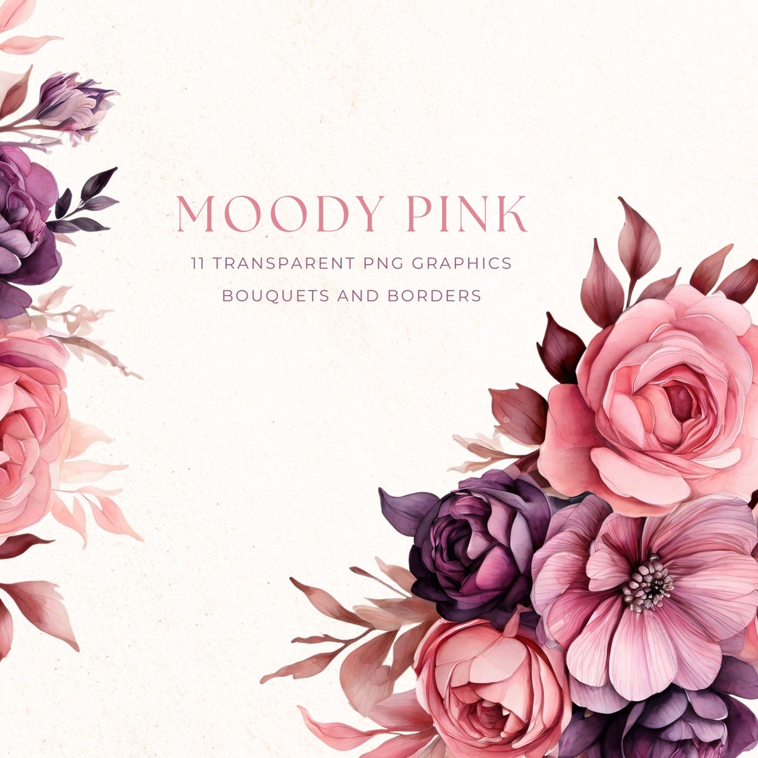 Pink and Purple Flower Clipart, Moody Floral Print, Watercolor Bouquet ...