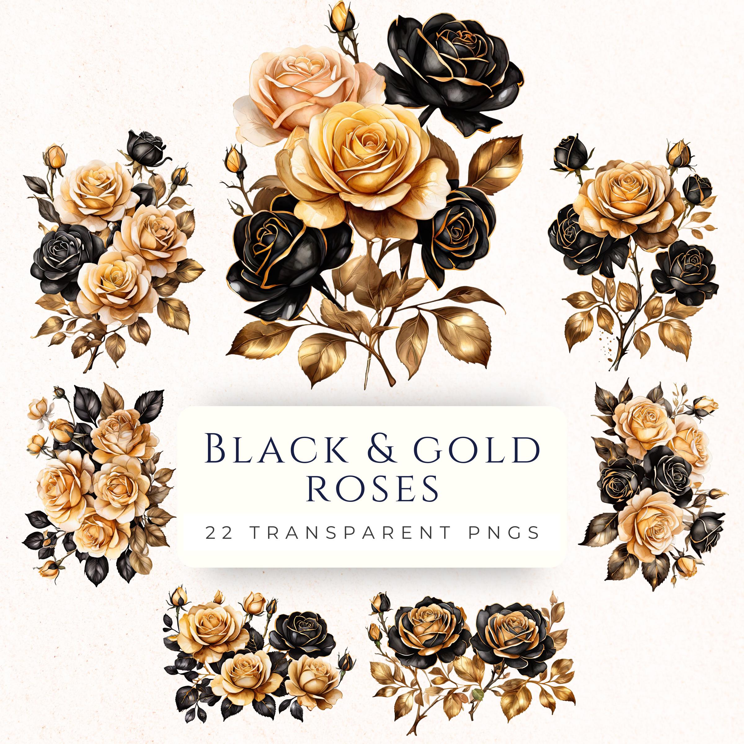 Black and Gold Roses Clipart, Instant Download, Floral PNG, Flower ...