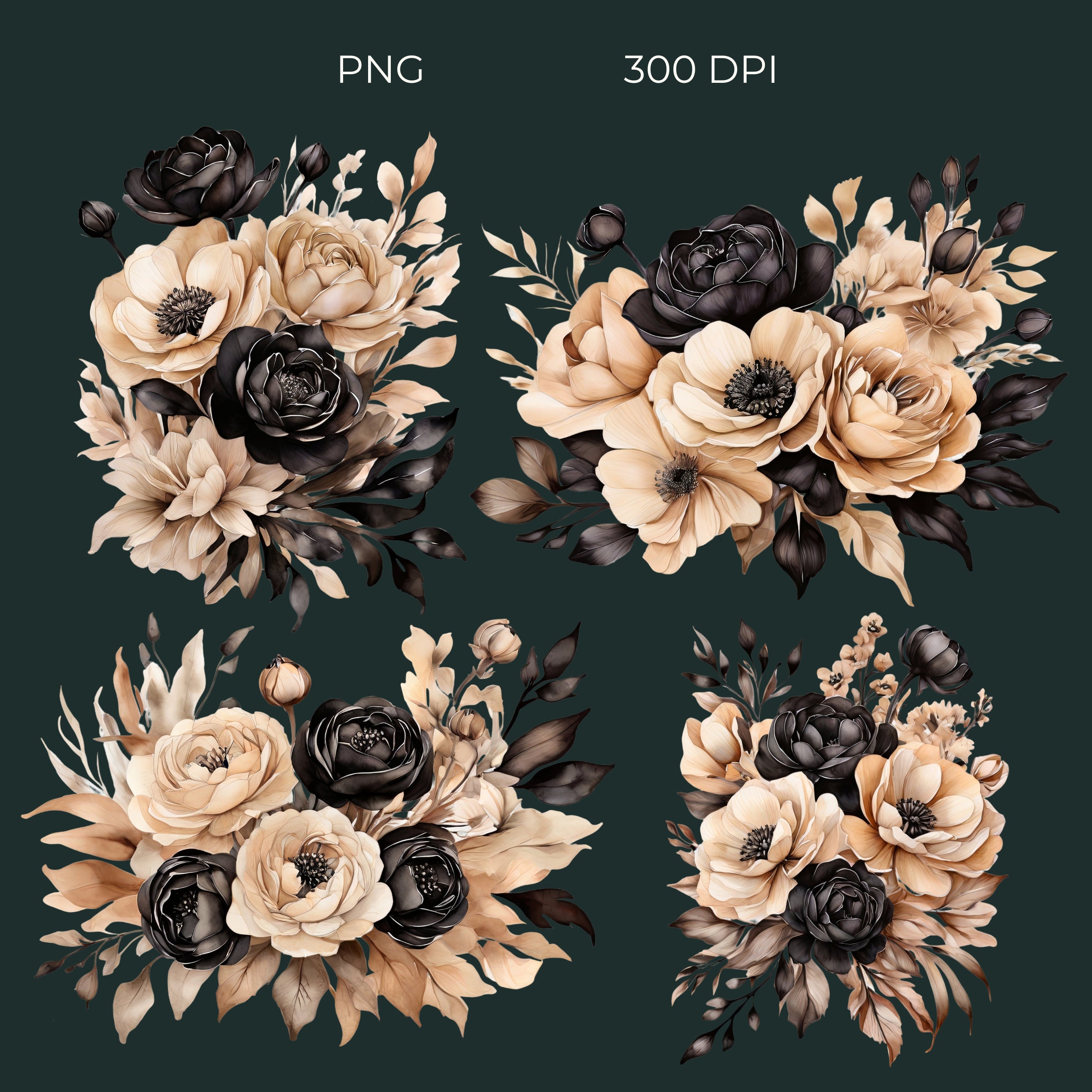 Boho Flower Clipart, Moody Floral Print, Black and Beige Bouquet Clip ...