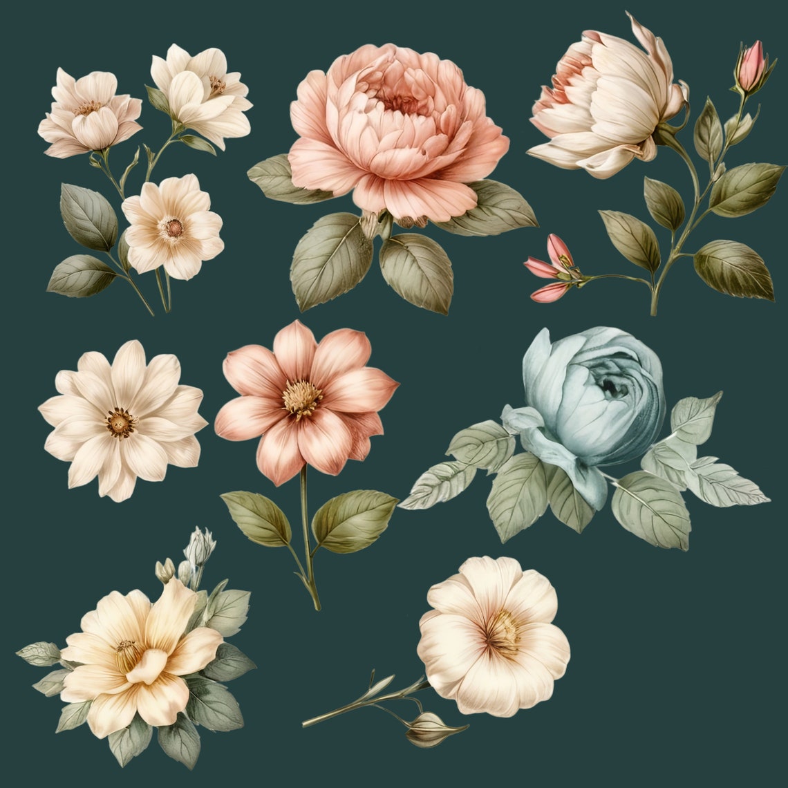 Vintage Style Flowers Clipart, Shabby Chic Decor, Retro Clipart ...