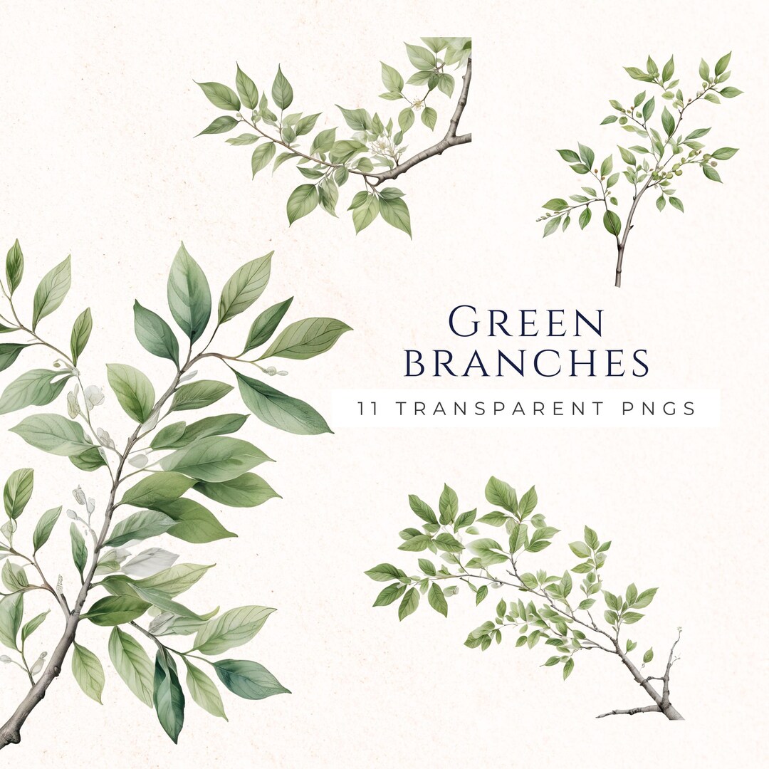 Green Tree Branch Clipart, Watercolor Leaves Graphics, Instant Download ...
