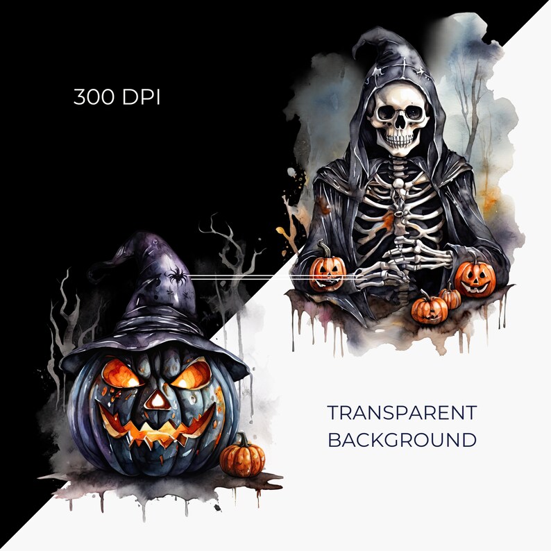 Scary Halloween Clipart Set, Watercolor Graphics, Instant Download PNG ...