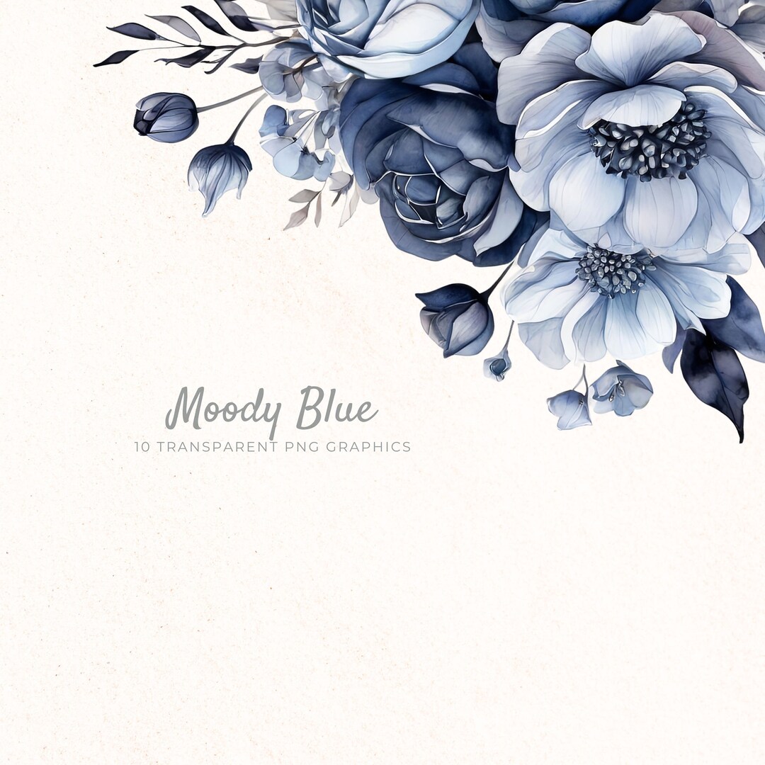 Watercolor Blue Flower Clipart, Moody Floral PNG, Spring Bouquet ...