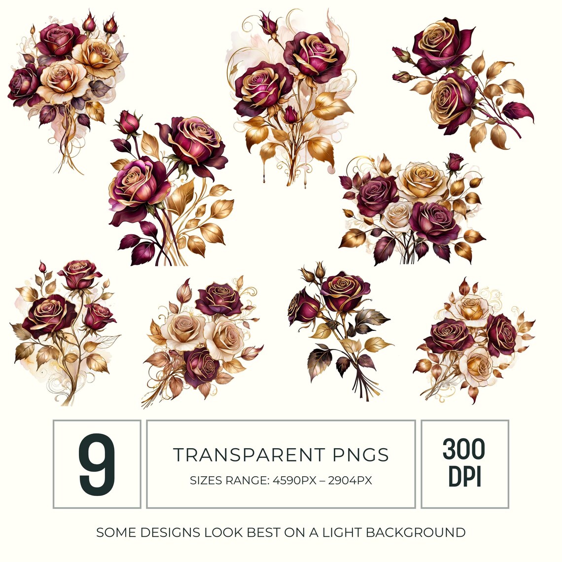 Maroon Gold Rose Clipart Set, Floral Watercolor Clip Art, Commercial ...