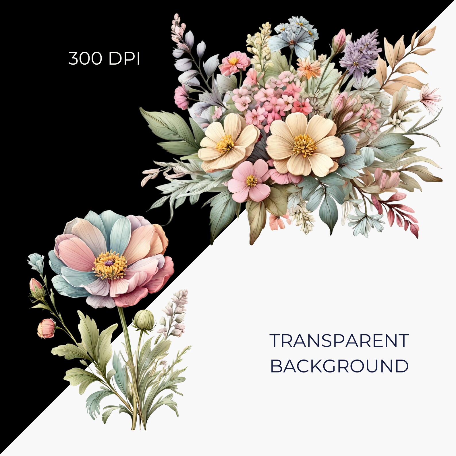 Pastel Flower Clipart Set, Watercolor Floral Decoration, Instant ...