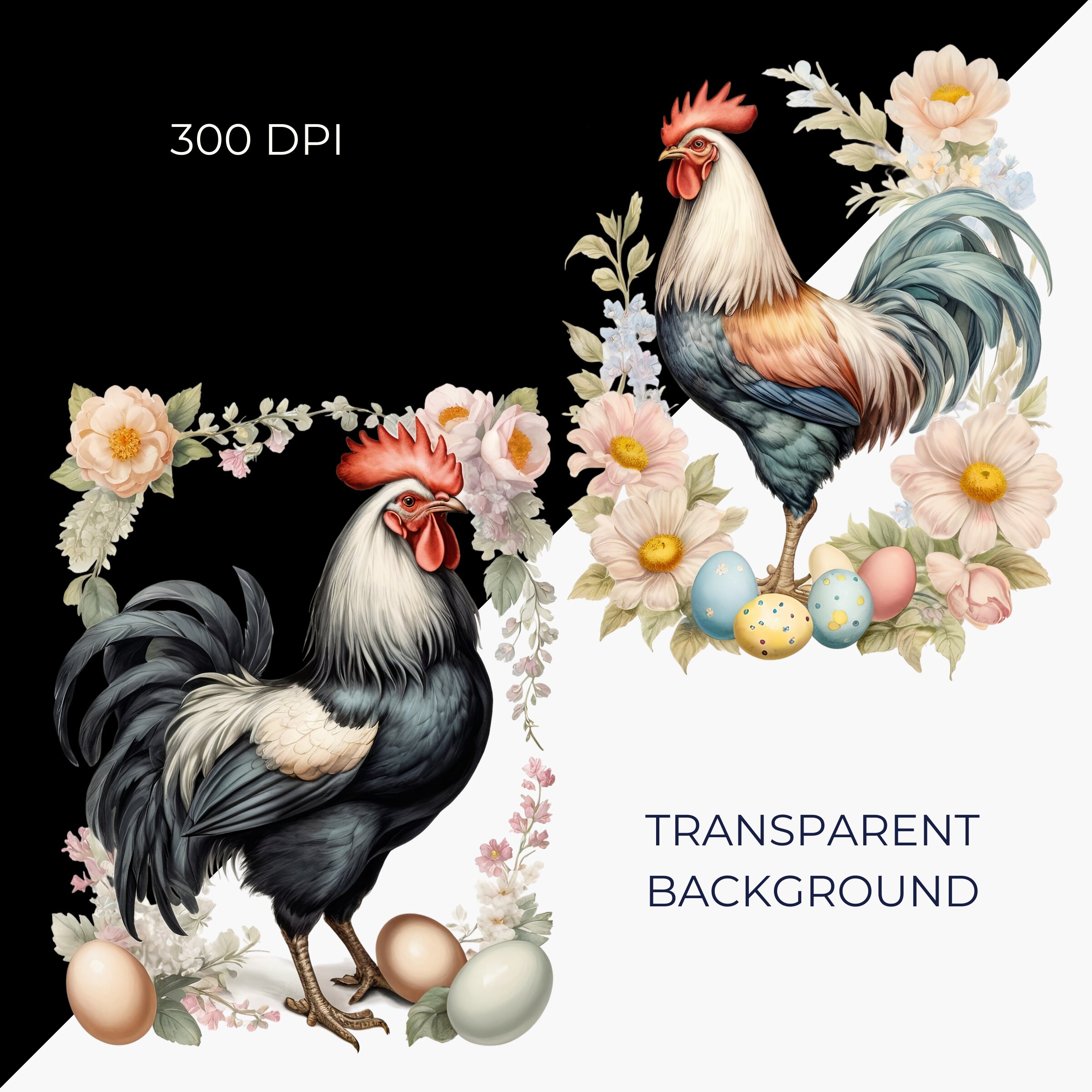 Vintage Easter Rooster Clipart, Spring PNG Files, Easter Decoration ...