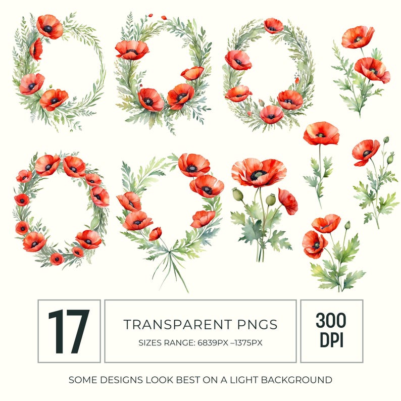 Watercolor Poppy Clipart Set, Floral PNG Images, Scrapbook Supply ...