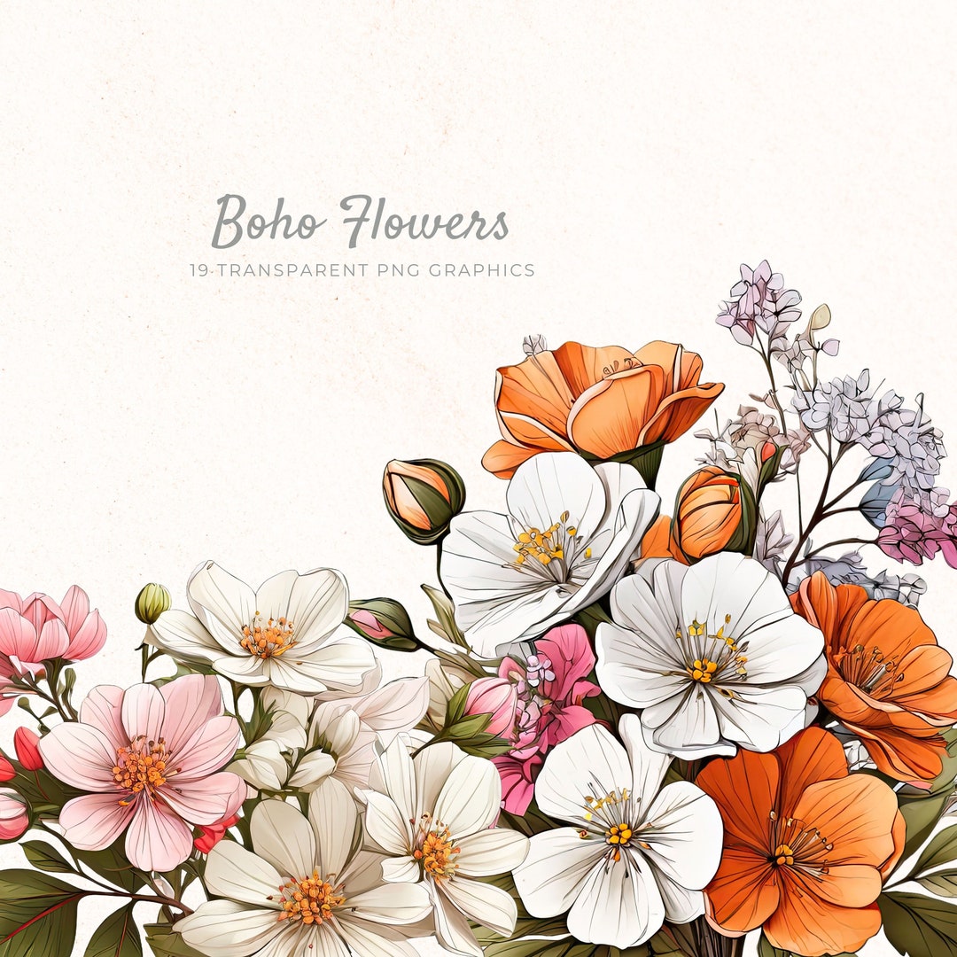 Boho Floral Clipart, Retro Flower Bouquet, Spring Clip Art, Simple ...