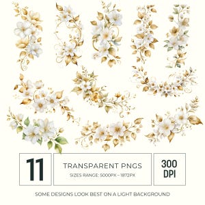 White and Gold Flower Vine Watercolor Clipart PNG, Wedding Graphics for ...