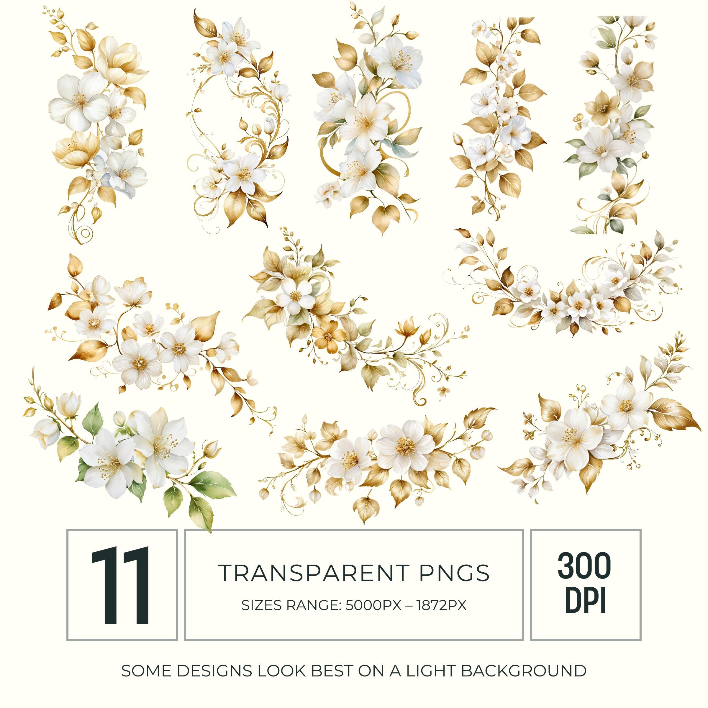White and Gold Flower Vine Watercolor Clipart PNG, Wedding Graphics for ...