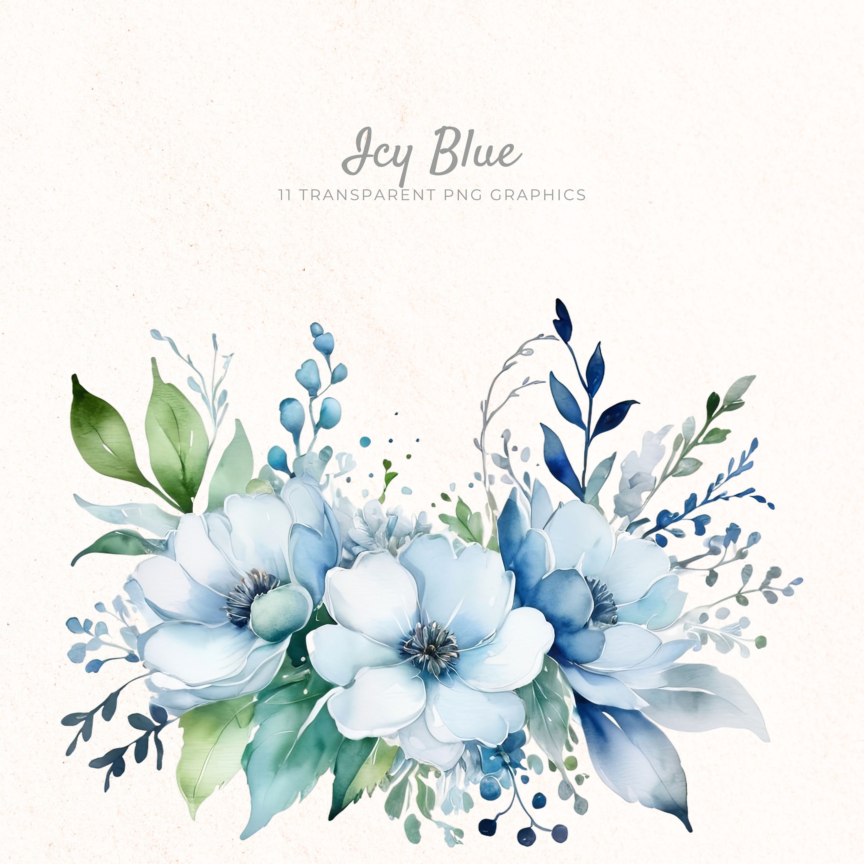 Icy Blue Watercolor Floral Clipart, Ice Blue Bouquet PNG, Light Blue ...