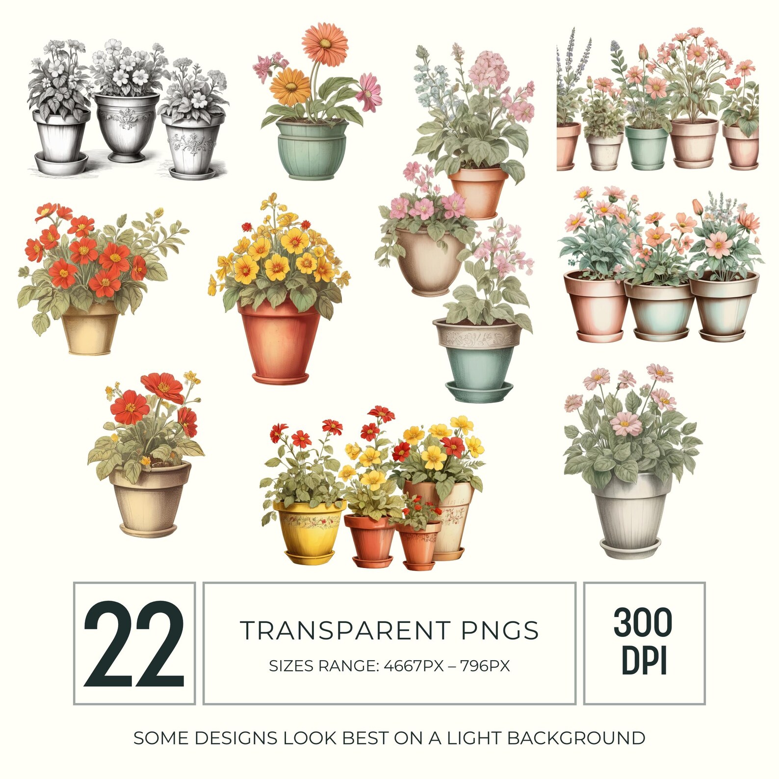 Flower Pot Clipart Set, Garden Clip Art PNG Images, Instant Download ...