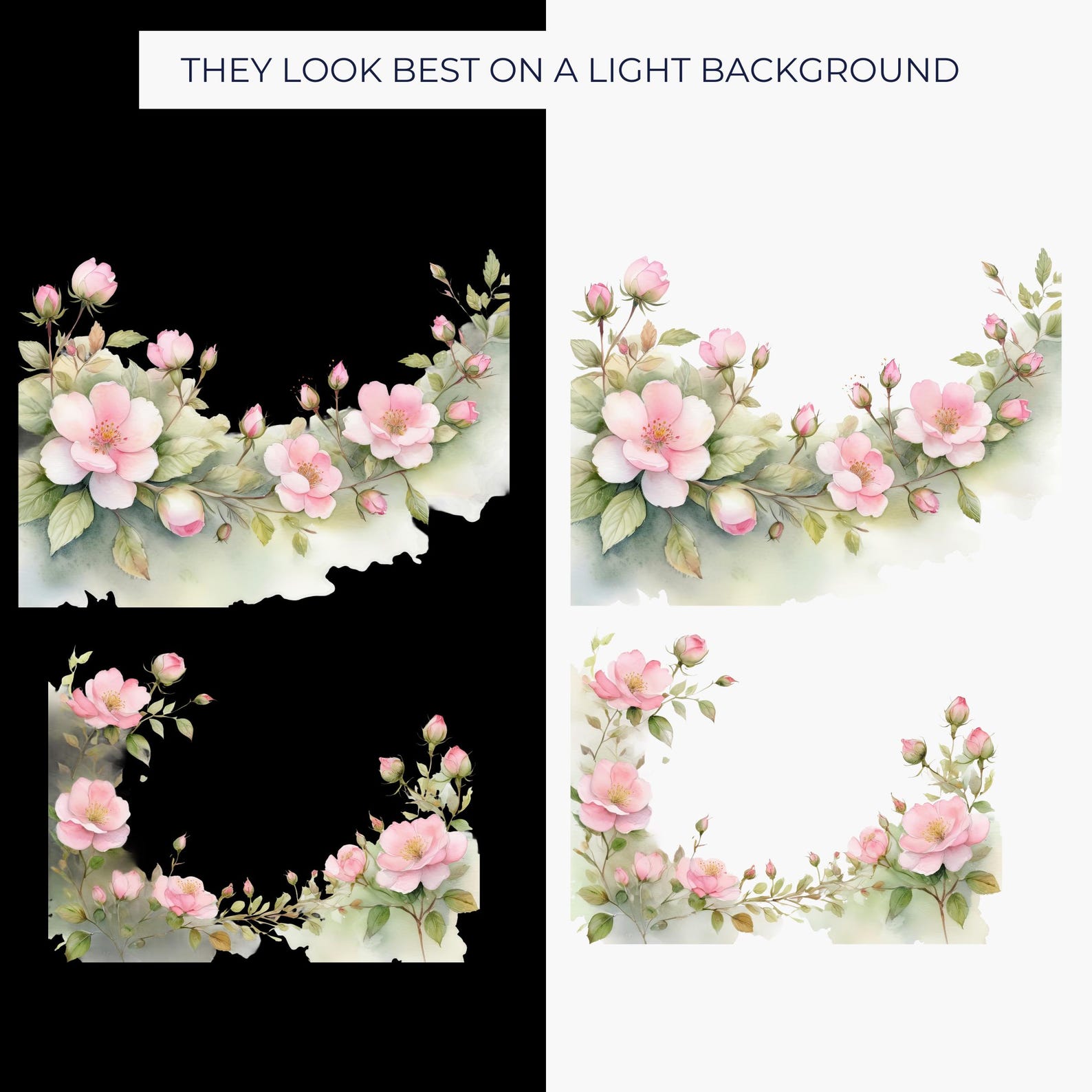 Pink Rose Border Clipart, Watercolor Flower Borders, Instant Download ...