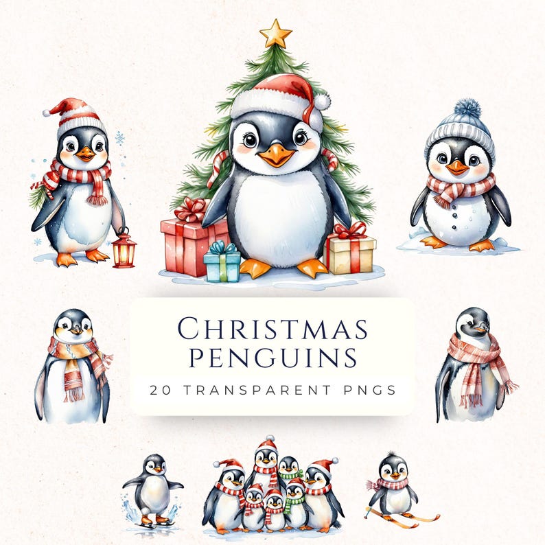Christmas Penguins Clipart Instant Download, Xmas Paper Crafting ...