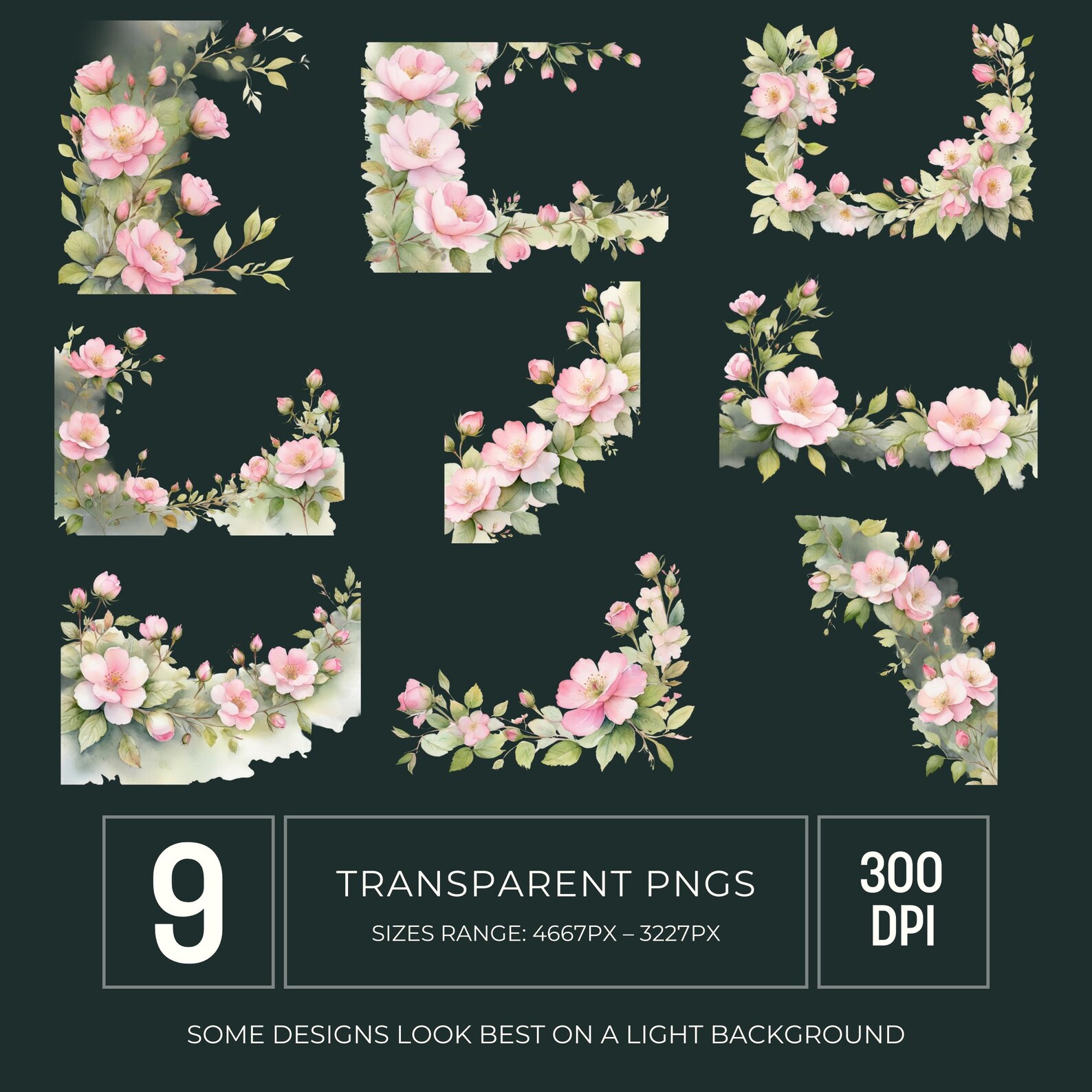 Pink Rose Border Clipart, Watercolor Flower Borders, Instant Download ...