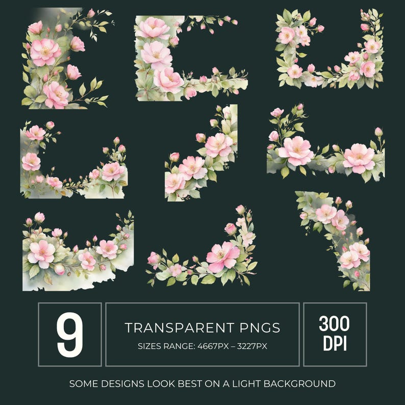 Pink Rose Border Clipart, Watercolor Flower Borders, Instant Download ...