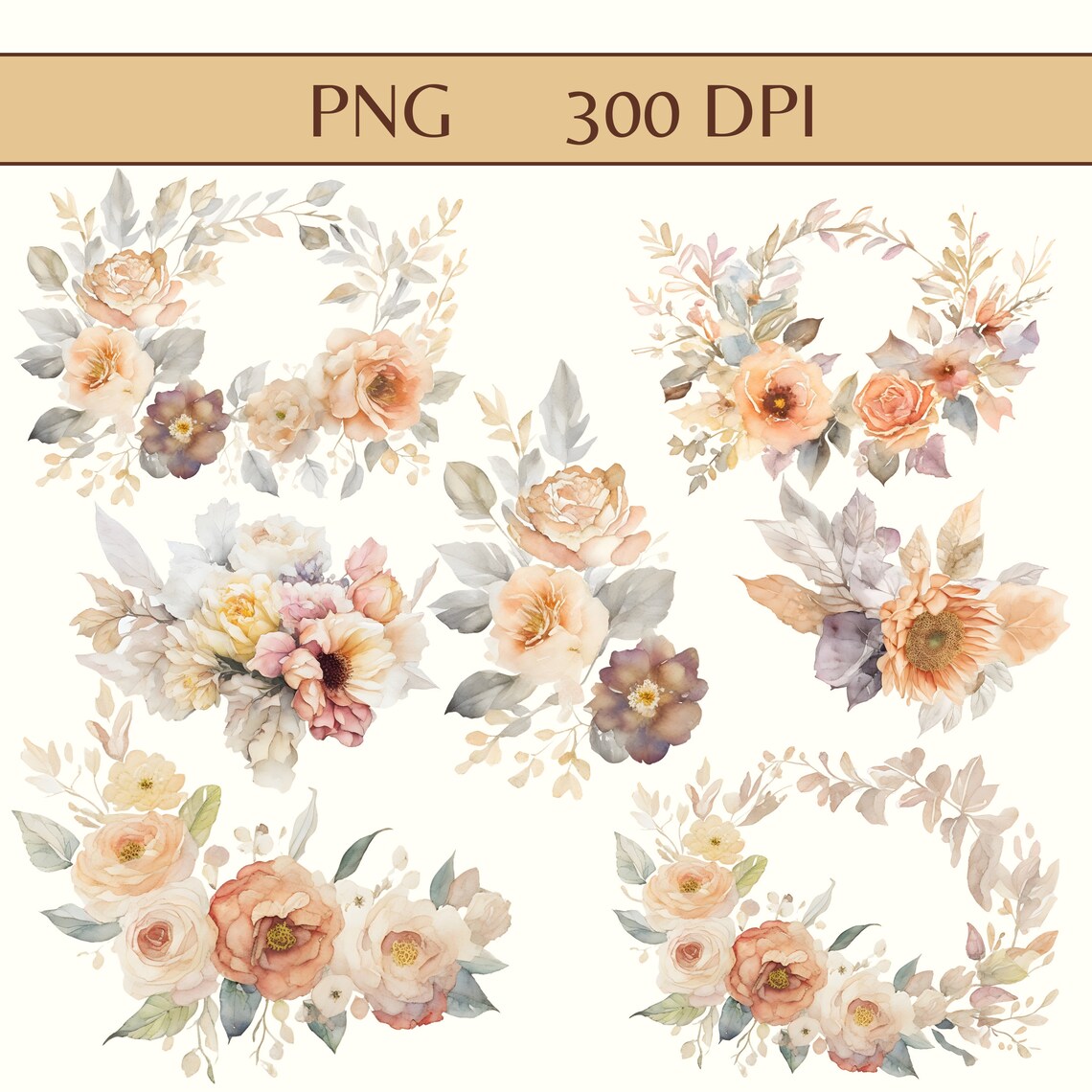 Soft Autumn Flower Clipart, Pale Watercolor Florals, Boho Fall Clip Art ...