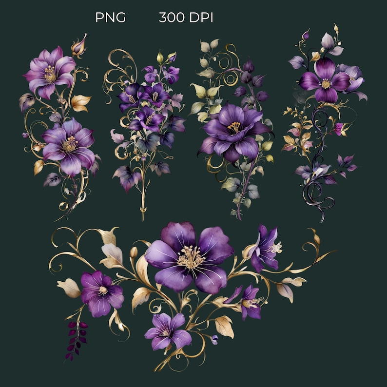 Gothic Flower Vine Clipart Set, Purple & Gold Floral Images, Scrapbook ...