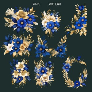 Blue and Gold Flowers Clipart, Digital Download, Floral Decoration ...