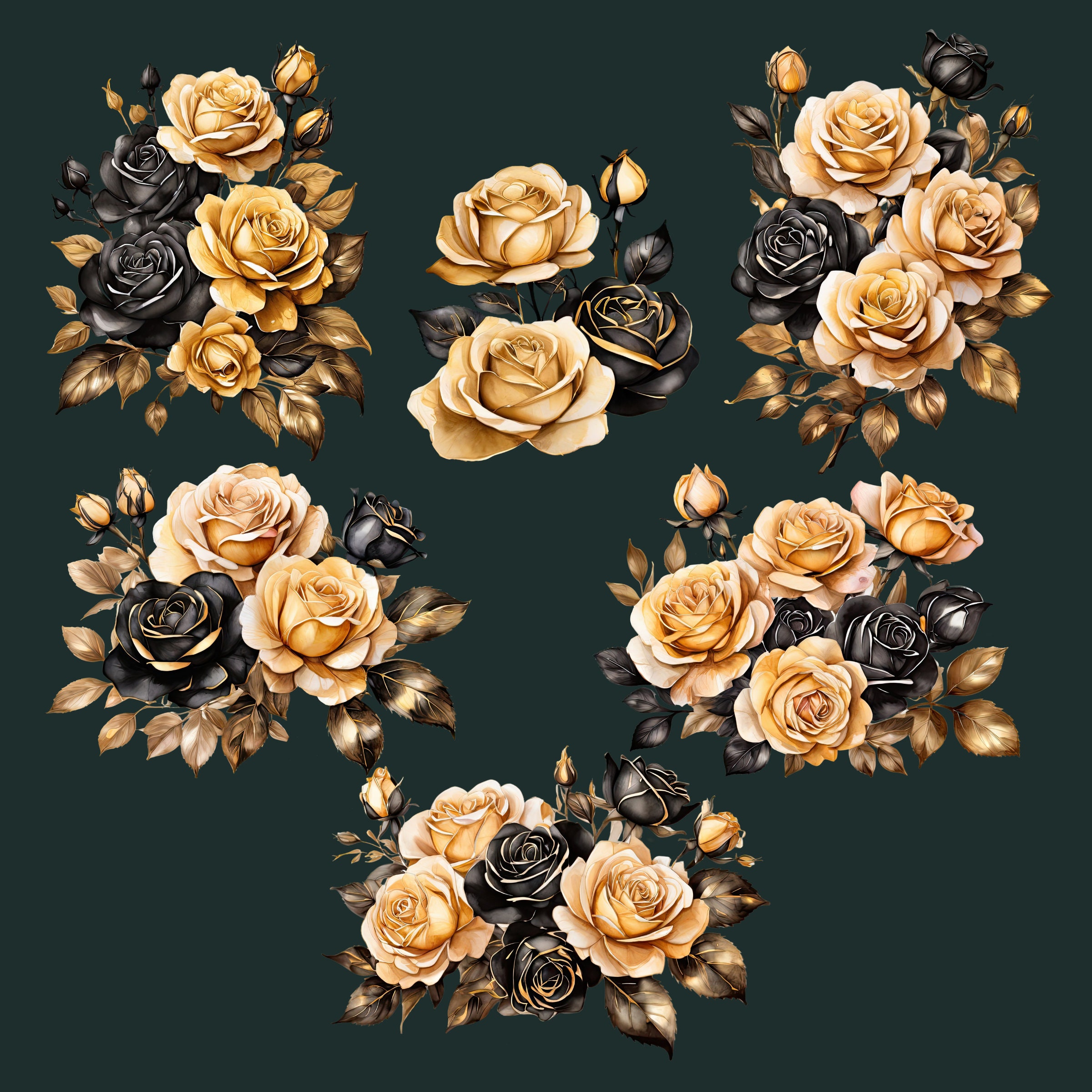 Black and Gold Roses Clipart, Instant Download, Floral PNG, Flower ...