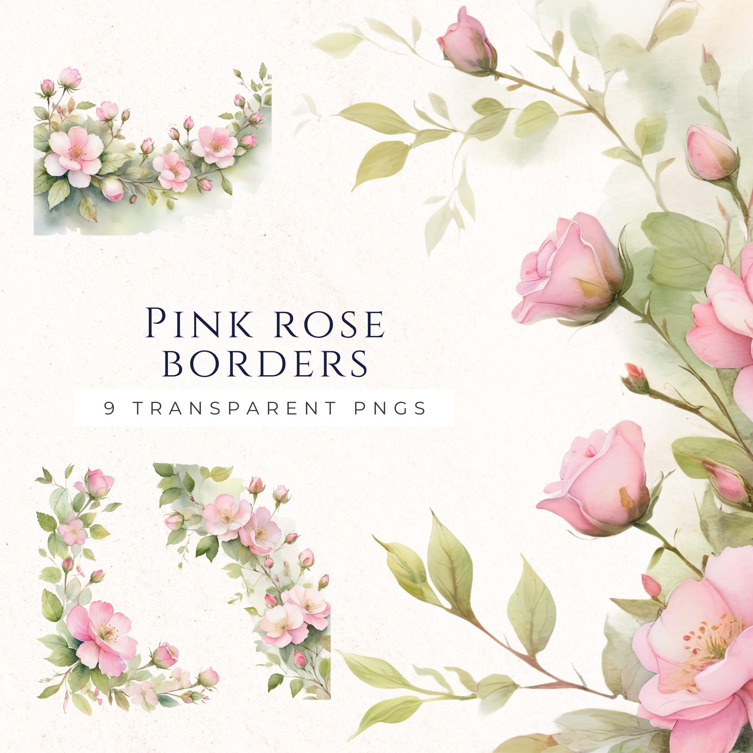 Pink Rose Border Clipart, Watercolor Flower Borders, Instant Download ...
