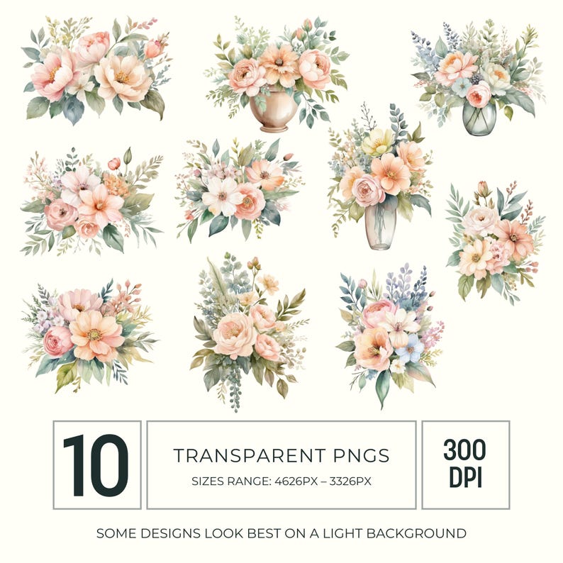 Shabby Chic Pink Flower Watercolor Clipart Set PNG, Vintage Floral ...