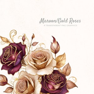 Maroon Gold Rose Clipart Set, Floral Watercolor Clip Art, Commercial ...
