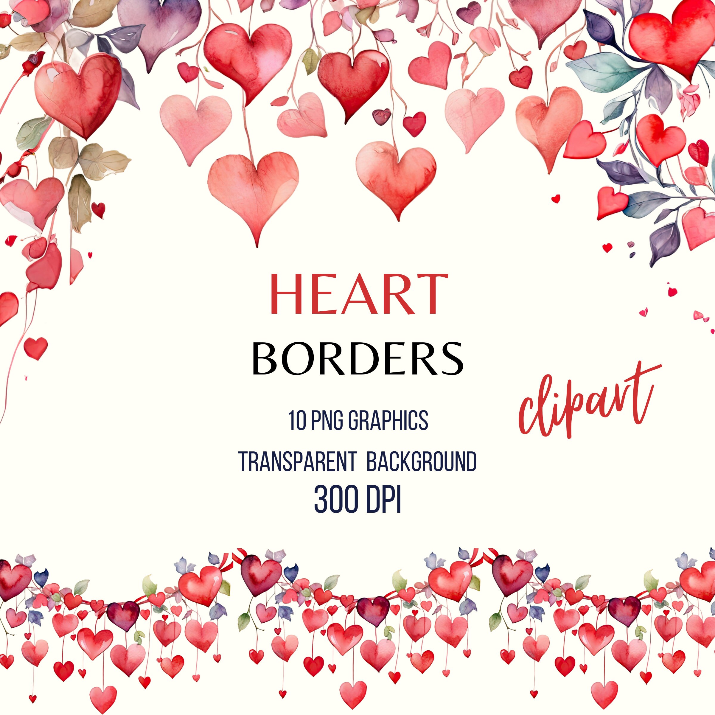 Heart Border Clipart, Watercolor Hearts PNG, Valentines Day Clip Art ...