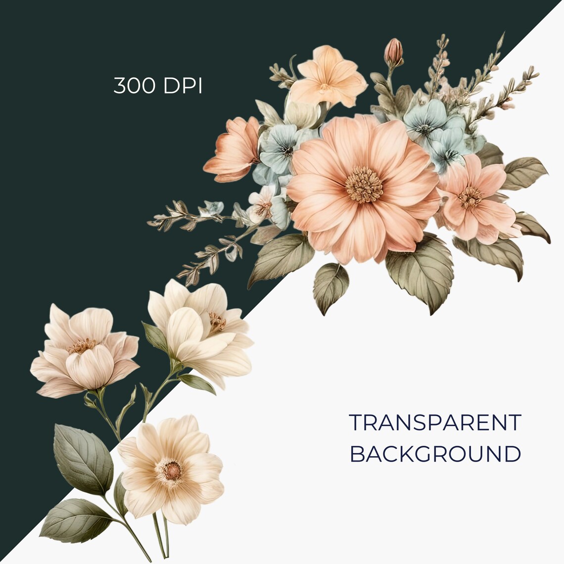 Vintage Style Flowers Clipart, Shabby Chic Decor, Retro Clipart ...