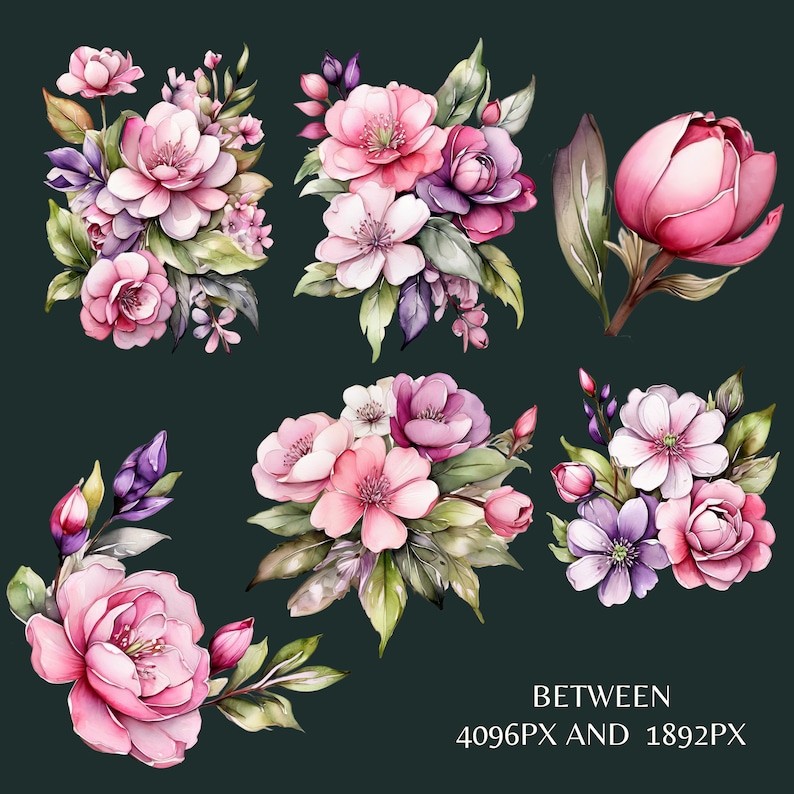 Watercolor Flowers Clip Art PNG, Purple Floral Clipart, Instant ...
