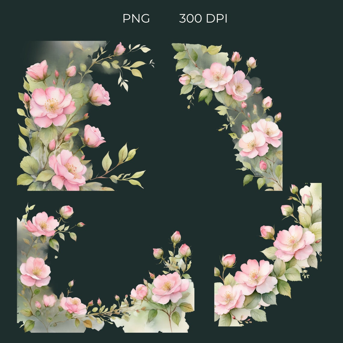 Pink Rose Border Clipart, Watercolor Flower Borders, Instant Download ...