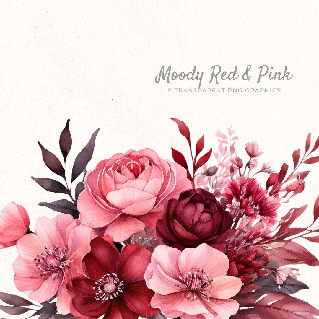 Red and Pink Flower Clipart, Moody Floral Graphics, Digital Download ...
