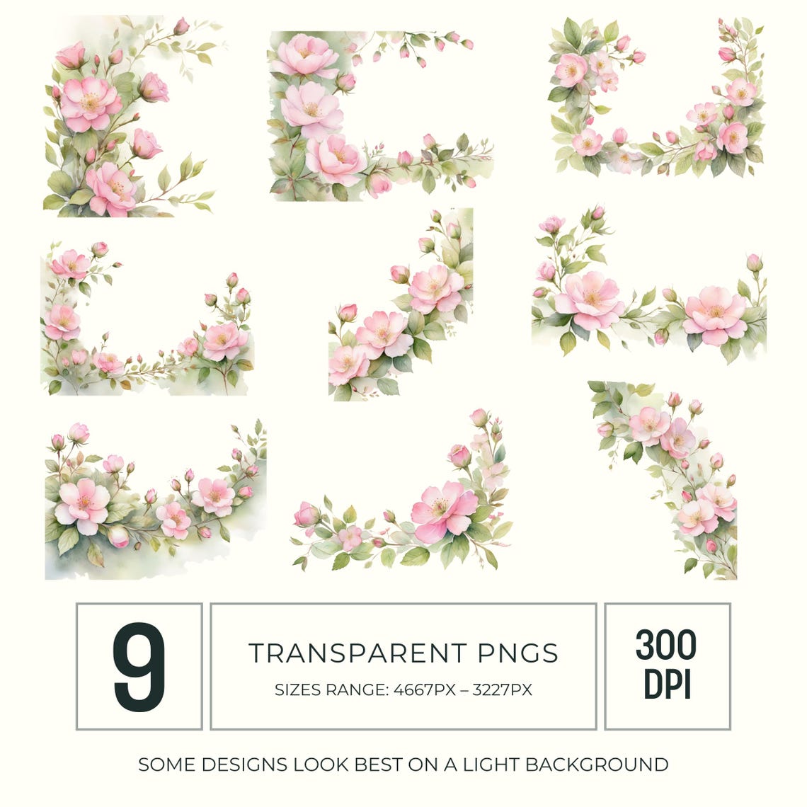Pink Rose Border Clipart, Watercolor Flower Borders, Instant Download ...