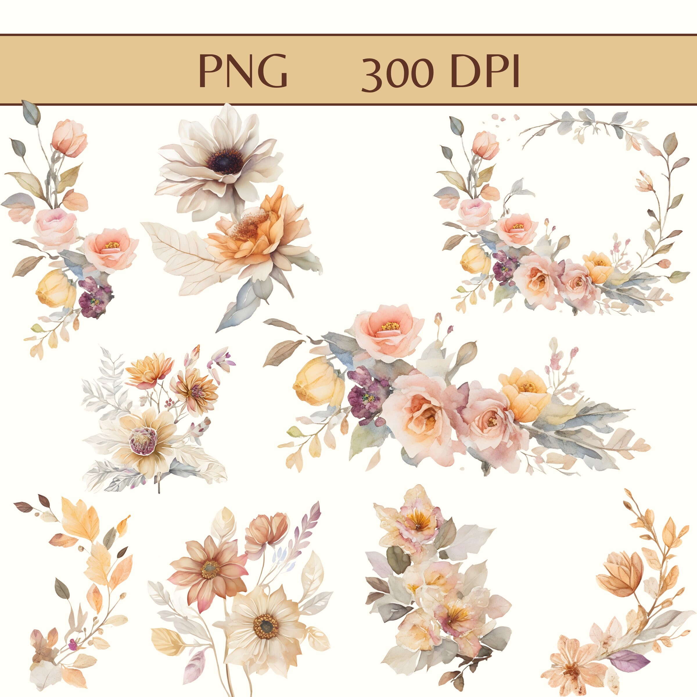 Soft Autumn Flower Clipart, Pale Watercolor Florals, Boho Fall Clip Art ...