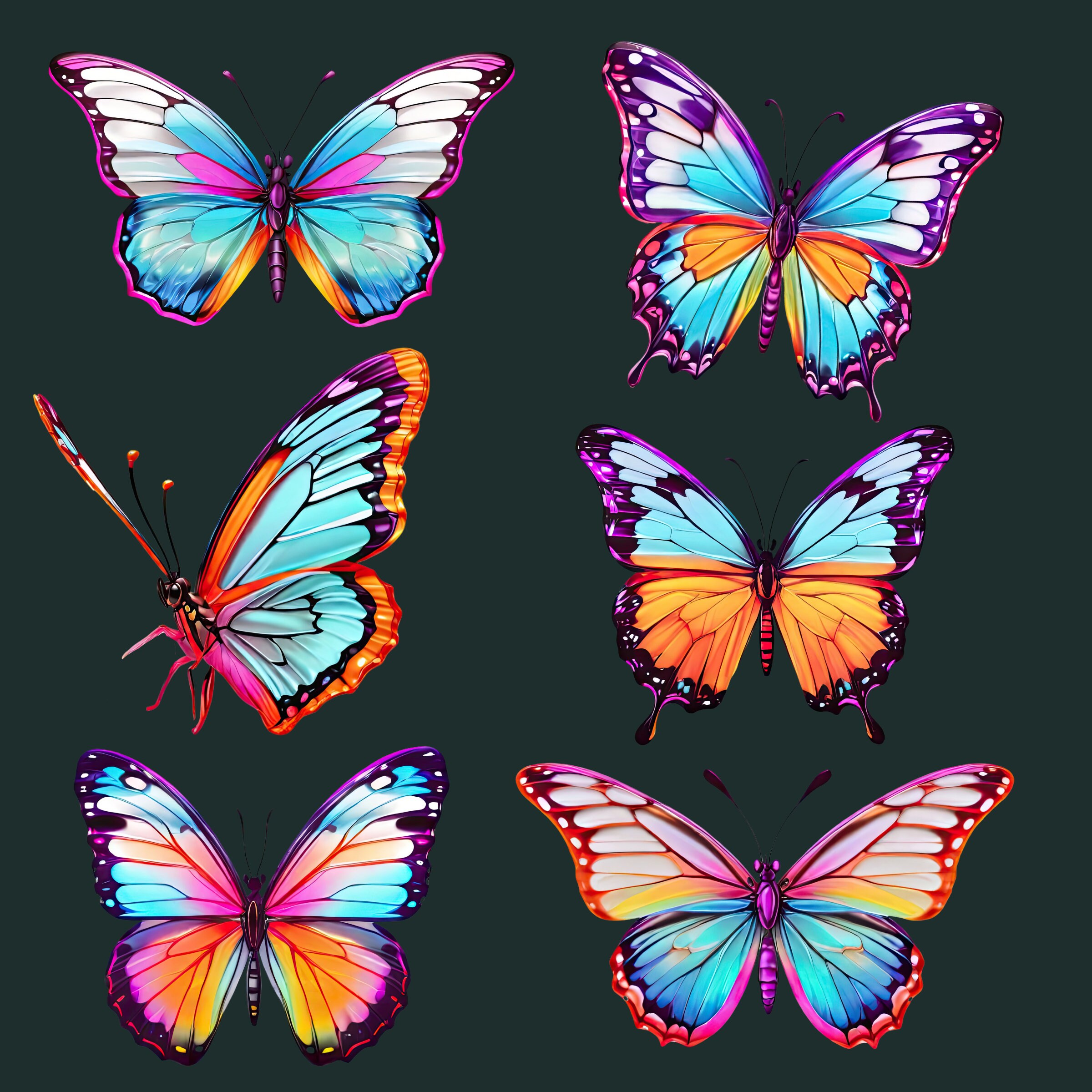 Neon Butterfly Clipart, Bold Color Butterflies Clip Art PNG, Instant ...