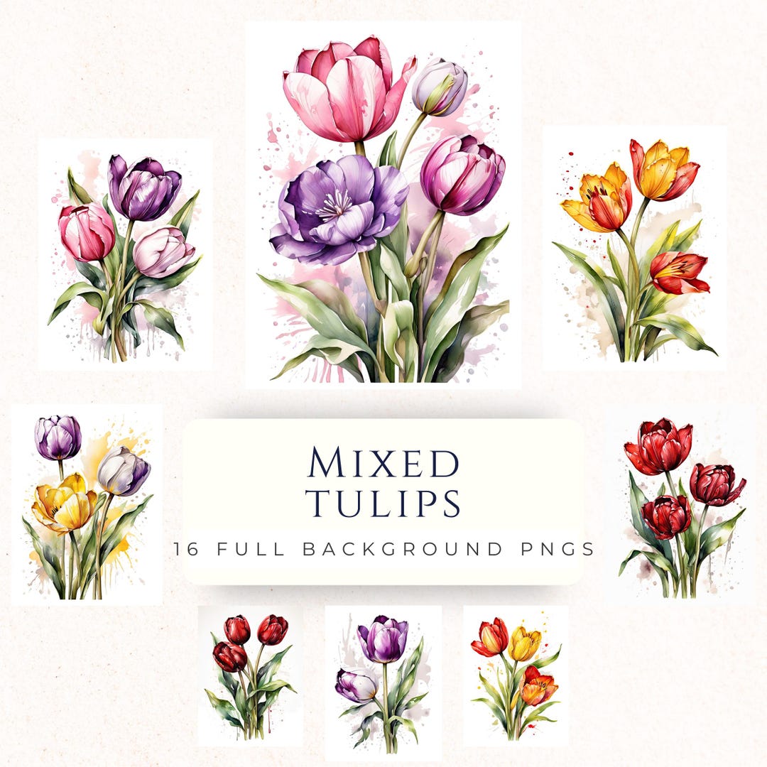 Mixed Tulips Clipart, Spring Flower Clip Art, Instant Download ...