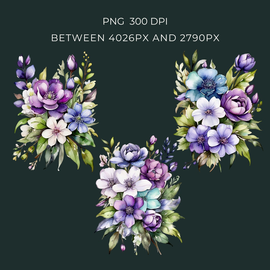 Watercolor Flower Clipart, Blue Purple Floral PNG, Garden Decor Digital ...