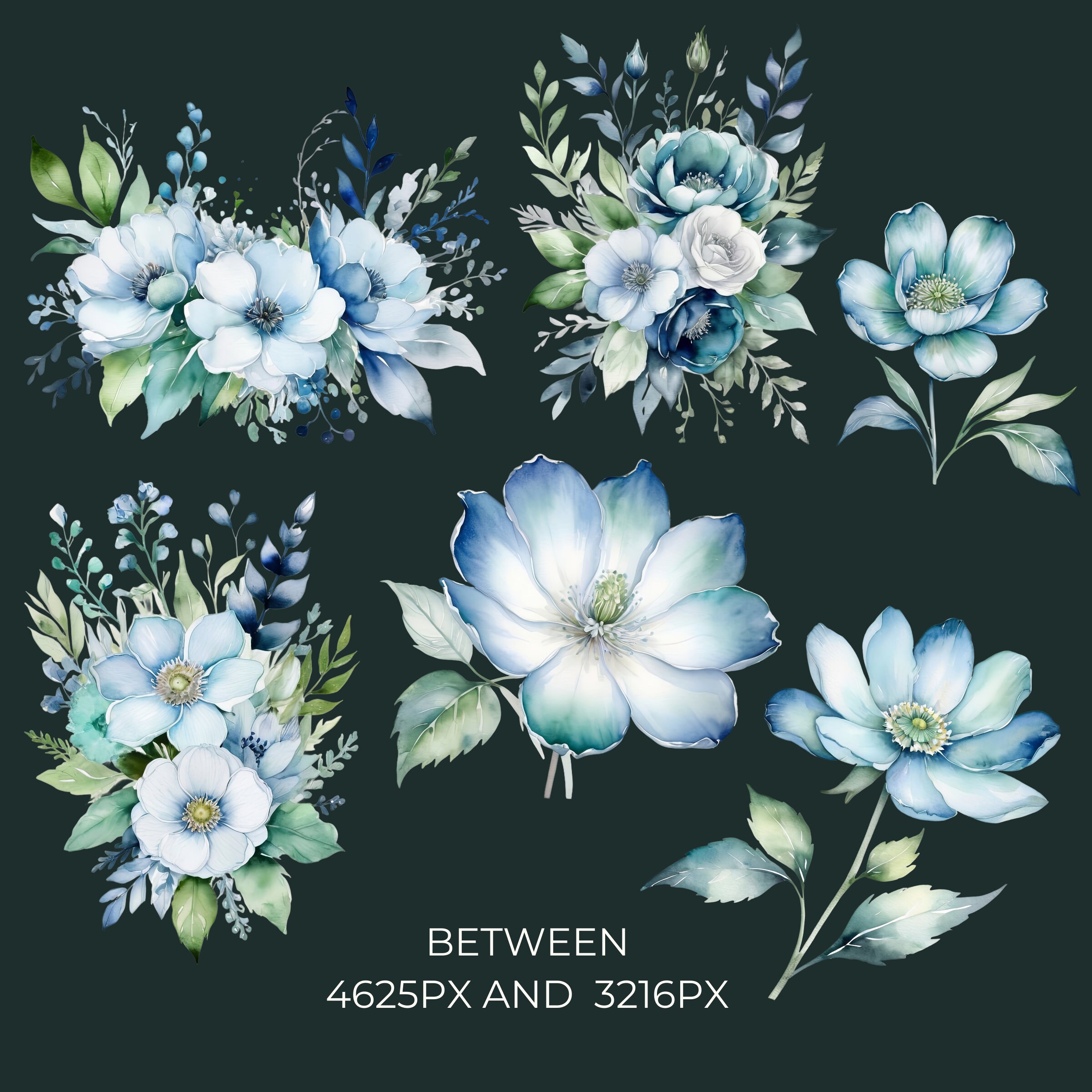 Icy Blue Watercolor Floral Clipart, Ice Blue Bouquet PNG, Light Blue ...