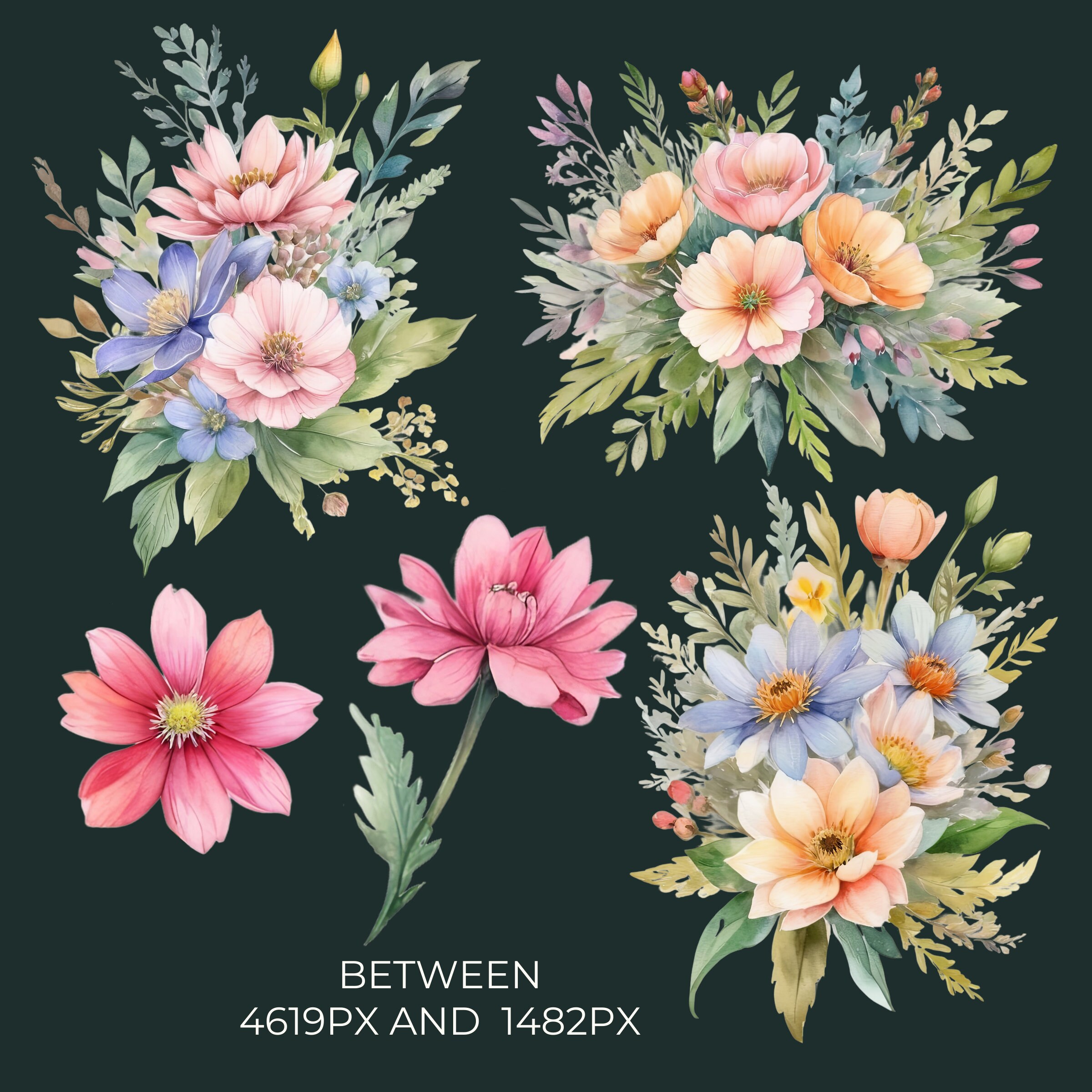 Watercolor Flower Bouquet Clipart Set, Floral PNG Files, Paper Craft ...