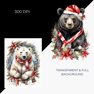 Christmas Bear Clipart Bundle, Watercolor Animal PNG, Holiday Decor ...