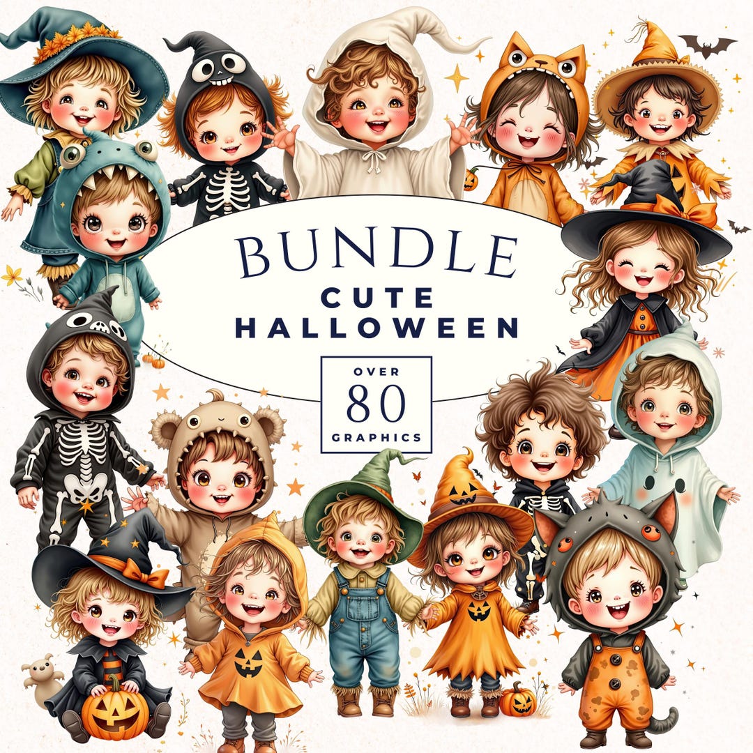 Cute Seasonal Clipart Bundle, Big Eye Kids Halloween Pngs, Cardmaking ...