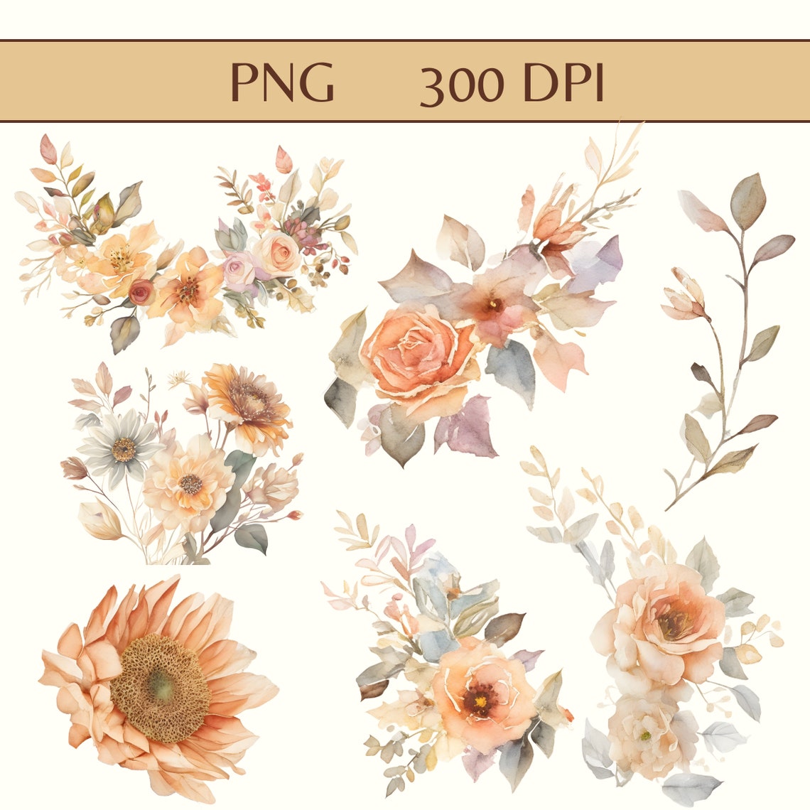 Soft Autumn Flower Clipart, Pale Watercolor Florals, Boho Fall Clip Art ...