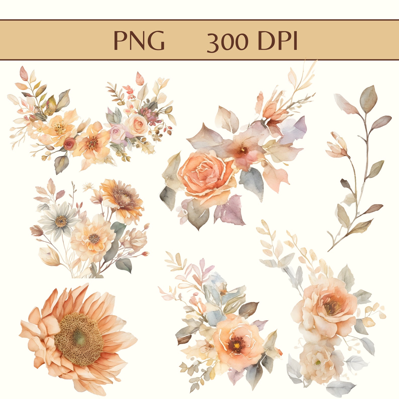 Soft Autumn Flower Clipart, Pale Watercolor Florals, Boho Fall Clip Art ...